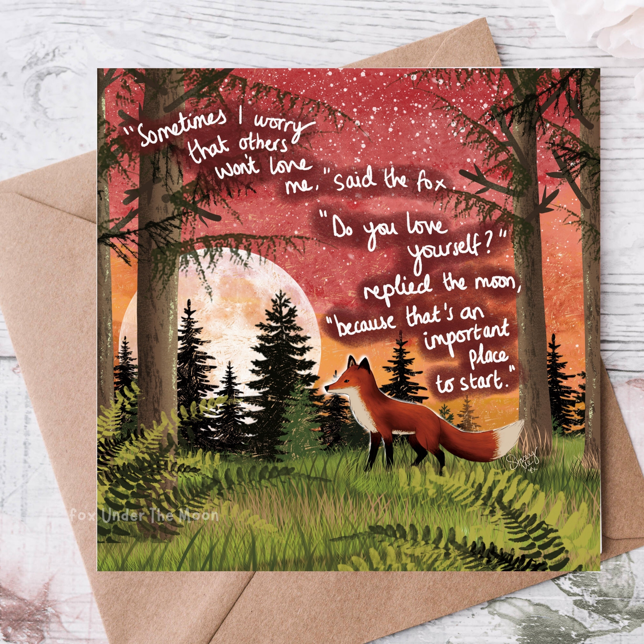 'Love Yourself' Single Greeting Card – Fox Under The Moon